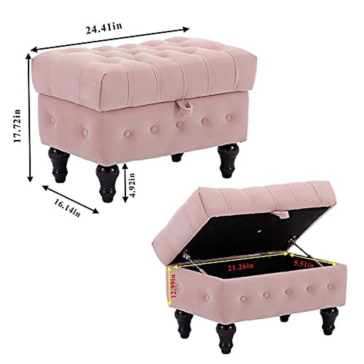 Artechworks Storage Coffee Table Ottoman, Button Tufted Velvet Upholstery Footstool Bed Ottoman for Living Room, Home Office, Space-Saving Storage Toy Box Stool, Pink