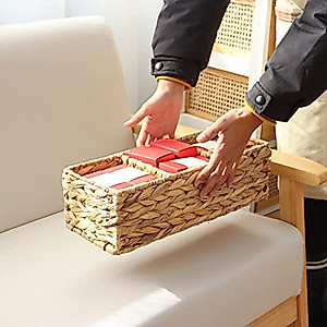 YAHUAN Woven Water Hyacinth Storage Basket Divided Basket with 3-Section Wicker Baskets for Shelves,Handwoven Desk Baskets for Pantry, Coffee Bar, Shelves (Water Hyacinth)