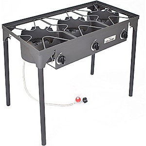 High Pressure Banjo Outdoor Camp Stove with Adjustable Height. 0-20 PSI Adjustable Regulator and Steel Braided Hose (3-Burner)