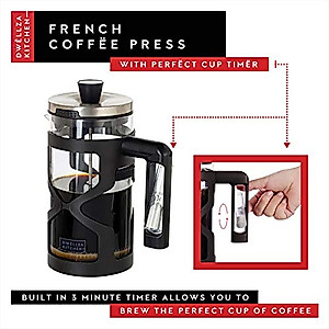DWËLLZA KITCHEN French Press Coffee Maker - with 3 Minute Timer Handle, 34 Ounce, Triple Filtration System, Includes 2 Additional Filters, Glass Coffee French Press with Black Shell Protecting