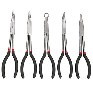 Amarine Made Long Needle Nose Pliers Set 11-inch Pliers 5-piece Set Nipper Bent Nose, Duckbill Pliers,End Cutting, Diagonal, Plug Cable Puller Reach Flat,45,90 Degree Angle, Straight,Curved Pliers