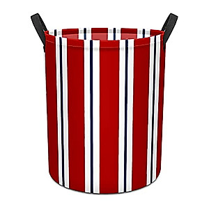 Waterproof Foldable Laundry Hamper with Handles Nautical Blue Red White Striped Round Dirty Clothes Laundry Basket Storage Bin Organizer for Toy Collection