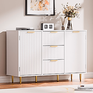 Cozy Castle 47.2" Buffet Cabinet, Large Coffee Bar Cabinet, Glossy Fluted Accent Sideboard with Adjustable Shelves, Credenza with Doors and Drawers for Living Room, Hallway, Kitchen, White