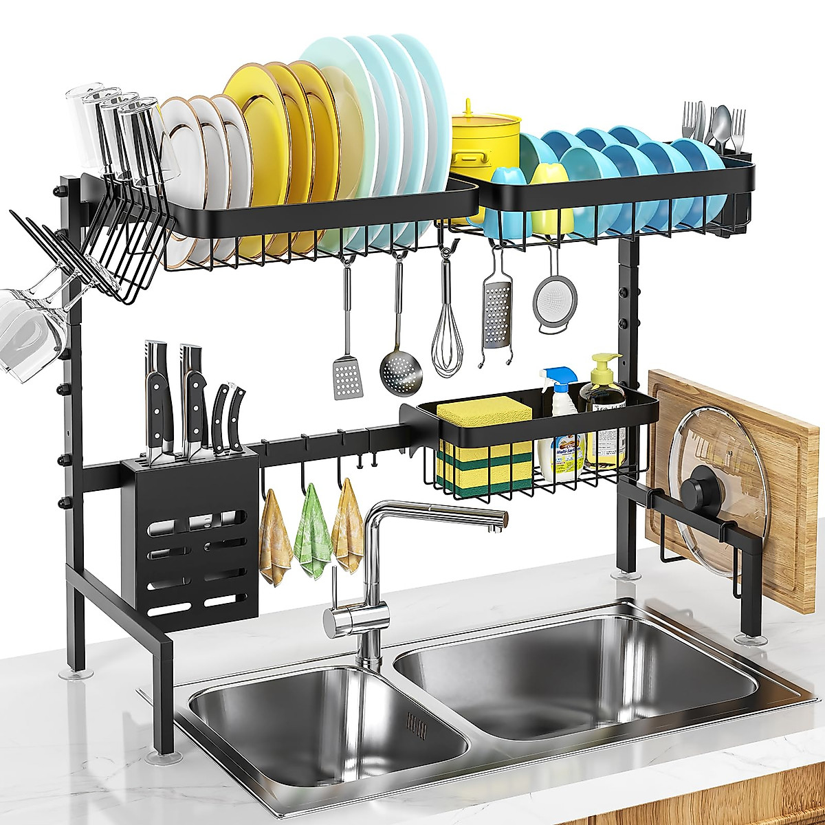 MERRYBOX Over The Sink Dish Drying Rack, 2-Tier Adjustable Length (25.6-33.5in), Stainless Steel Dish Drainer with Cutting Board Holder, Large Dish Rack for Kitchen Counter Organizer Space Saver