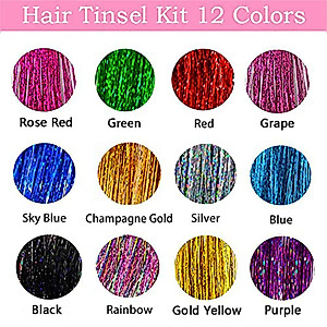 Hair Tinsel Kit 12 Colors 48 Inch 3600 Strands Hair Tinsel Strands Kit With Tools, Fairy Hair Tinsel Heat Resistant Safe Hair Glitter Tinsel Hair Extensions (12Colors, 3600 Strands)
