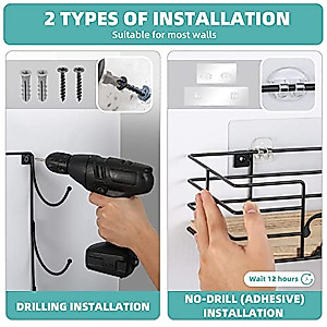 Towel Racks for Bathroom, Towel Holder Wall Mounted for Small Bathroom Wall, Roll Towel Rack with 3 Towel Hooks and Wooden Shelf, Drilling and No-Drill Installation Options Available, Black