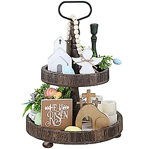 5 Pcs Jesus Tomb Easter Tray Bundle Kit with LED Fairy Lights, Wooden Easter Jesus Sign He Is Risen Resurrection Scene Nativity Christ Statue Farmhouse Easter Tiered Tray Decor for Home Church Table