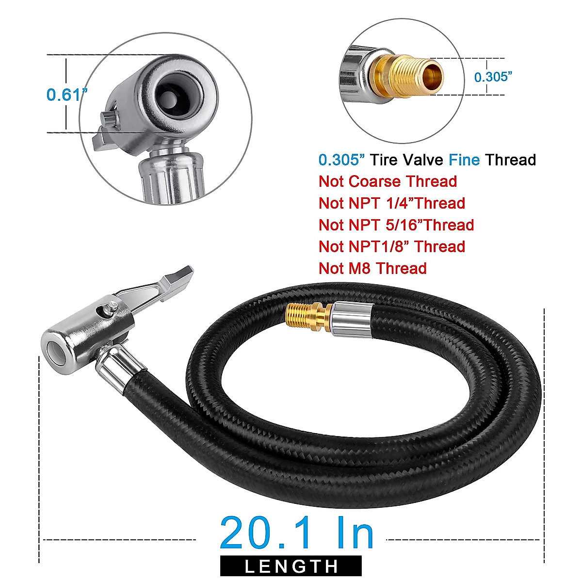 LUMITECO 20 Inch Lengthened Tire Inflator Hose Adapter for Screw Twist On Convert to Lock On Connection, Lock On Air Chuck with Air Hose and Tire Schrader Valve Fine Thread