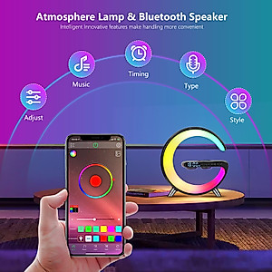 Wireless Charger Atmosphere Lamp, 2025 New Intelligent LED Table Lamp, Bluetooth Speaker, Dimmable Night Light Bedside Lamp Alarm Clock with Music Sync, App Control for Bedroom Home Decor Gift (Black)