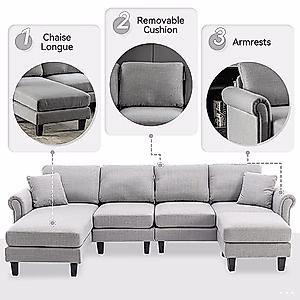 Olela U Shaped Modular Sectional Sofa for Living Room, Oversized Deep Seat Sofa Modern Linen Upholstered Sectional Couch with Chaise Lounge and Comfy Backrest (Light Gray)