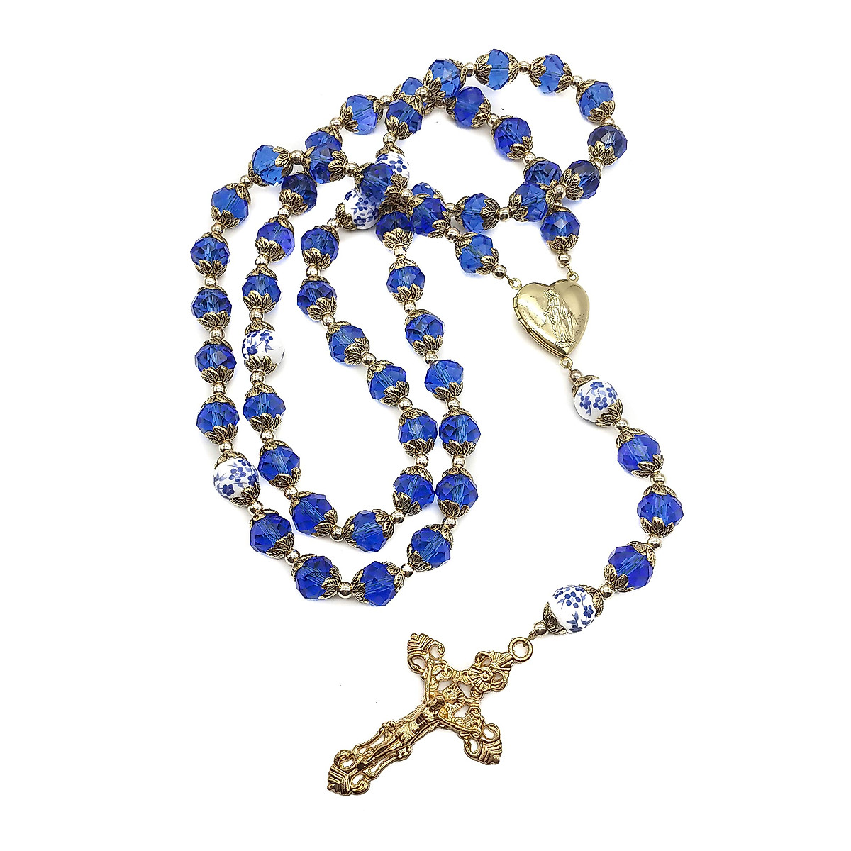 Nazareth Store Catholic Blue Crystal Beads Gold Rosary Flowers Beaded Necklace Miraculous Heart Locket Medal & Cross Religious Women Men Amulet