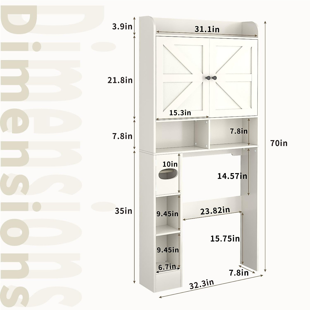 MUUEGM 32.3''W Over The Toilet Storage Cabinet with Barn Doors, Over Toilet Organizers and Storage with Toilet Paper Holder, Bathroom and Laundry Storage Cabinet with Adjustable Bottom Bar, White