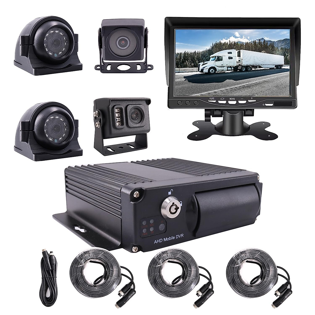 JOINLGO 4-CH 1080P AHD Car Camera System Mobile Vehicle Car DVR Loop Real-time Video Recording 4Pcs 2.0MP HD Waterproof IR Rear Back Side View Car Cameras 7 inches VGA Monitor for Truck Bus RV