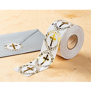 500 Count Religious Stickers - Gold Foil Cross Sticker, 1.5 inch Cross Design Round Labels with Gold Foil Finish, Envelope Seals, Easter Themed Party Favors