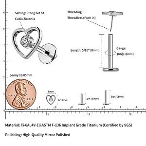 FINE4U Threadless Flat Back Earrings Stud Titanium 18G 6mm 8mm - ASTM F136 Titanium Heart Cartilage Earring for Conch, Helix, Tragus, Flat, Lobe