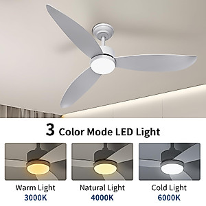 raccroc Ceiling Fans with Lights,52'' Ceiling Fan with Remote Control, 6 Speeds Indoor Outdoor Ceiling Fans with 22W 3CCT Dimmable LED Light, Noiseless DC Motor & 3 Reversible Blades White