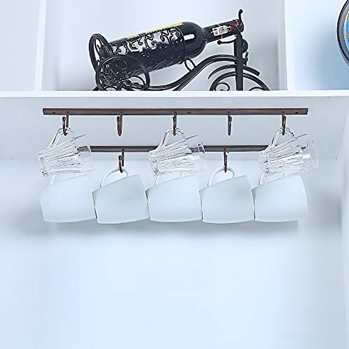 TANGGU Coffee Mug Holder Under Cabinet,Iron Hanging Mug Rack Under Shelf,Coffee Cup Holders,Metal Mug Cup Hook Cabinet Hook,Wine Glasses Holder(2Pcs Bronze)