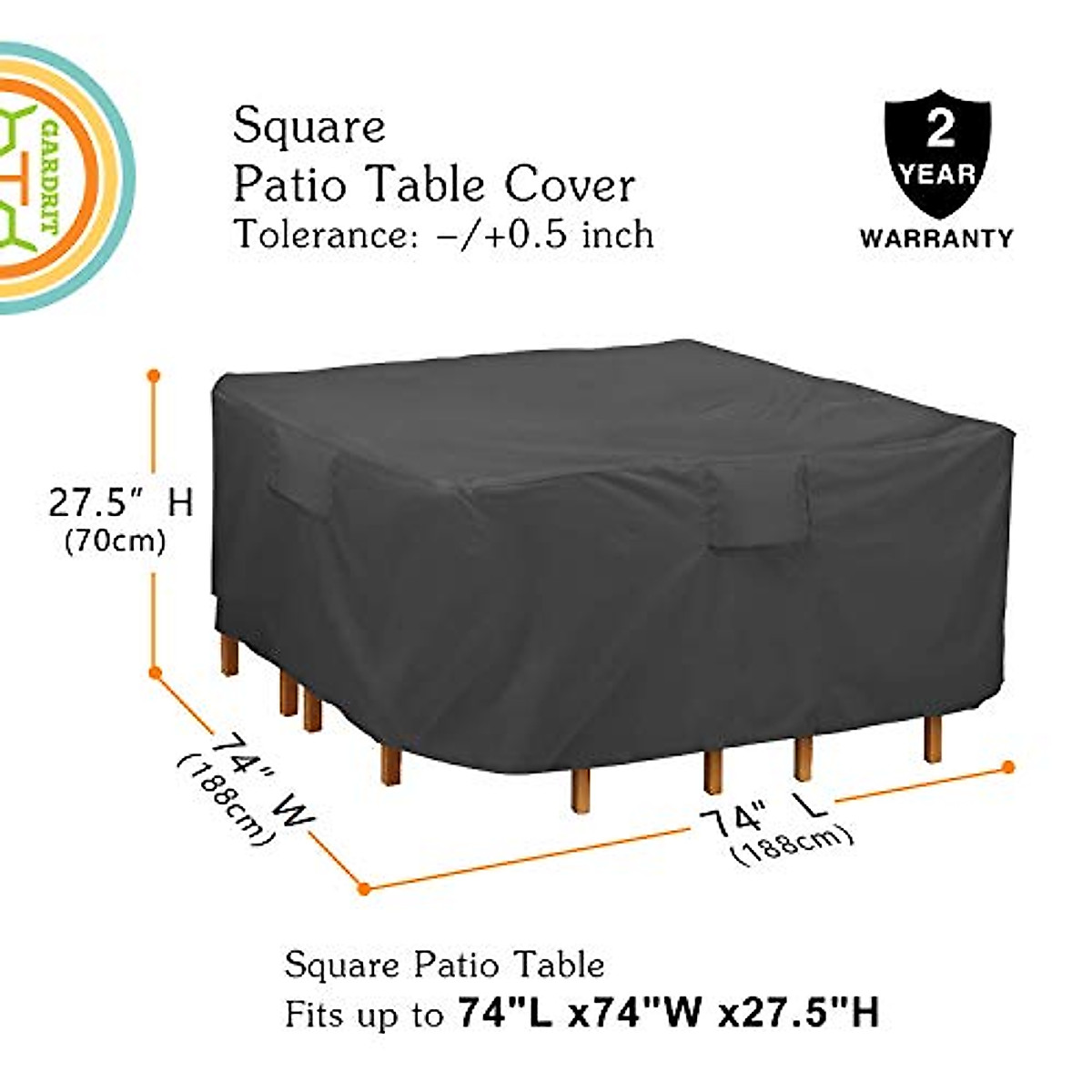 GARDRIT Upgraded Patio Furniture Covers, 100% Waterproof Square Patio Table Cover, 74" L x 74" W x 27.5" H 600D Tear-Resistant Sofa, Table and Chair Outdoor Furniture Set Covers with Storage Bag