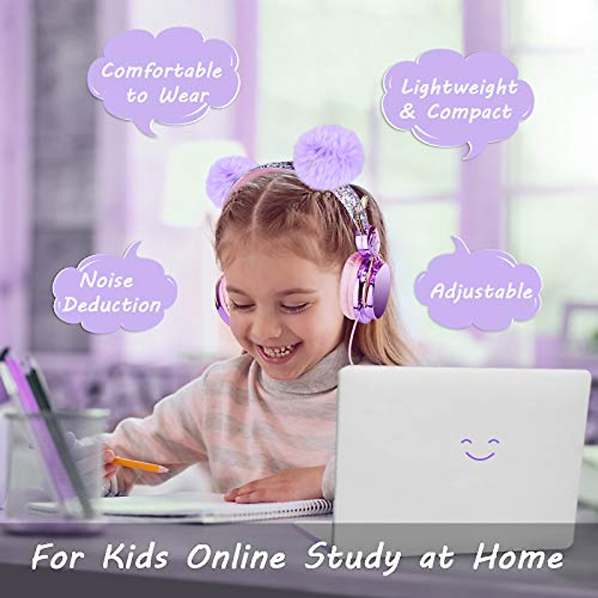 Kids Headphones, Purple POM POM Bear Ear 2020 Upgraded w/Adjustable Headband, Over On Ear Headset w/Mic for Girls/Teens/School/Kindle/Tablet/PC (Wired)