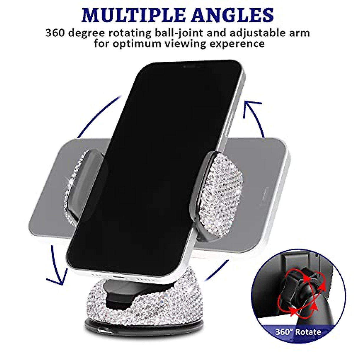 Dashboard Phone Holder Bling Phone Mount for Car,Car phone holder Mount with One More Air Vent Base,Phone Holder Car Accessories,Universal Car Phone Holder Mount for Windshield and Air Vent,Silver