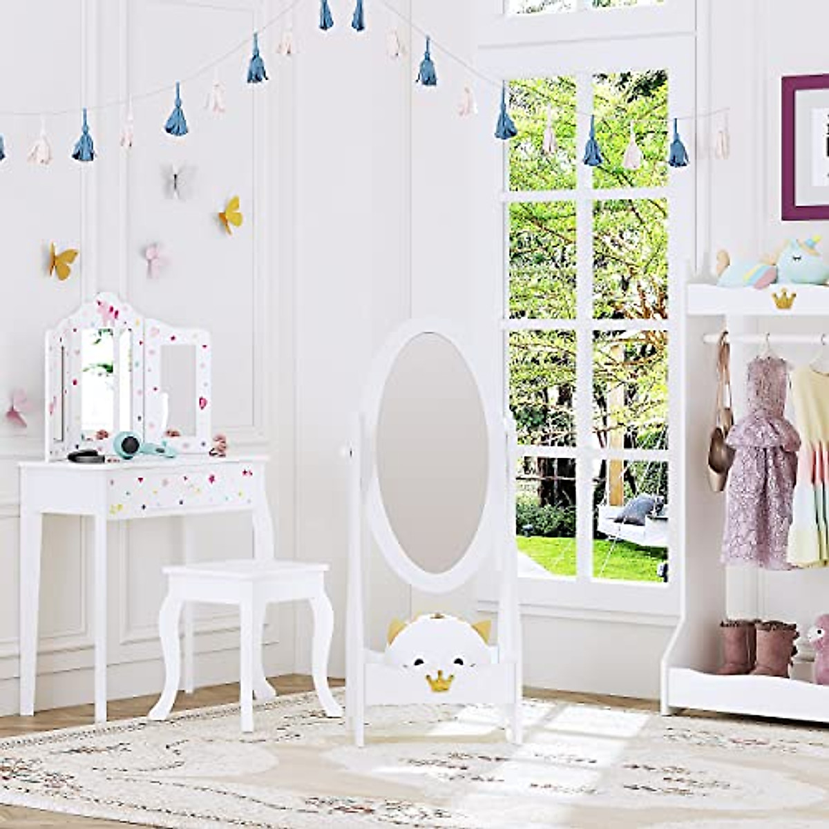 UTEX Kids Full Length Mirror, Kids Free-Standing Dressing Mirror with Adjustable Viewed, Wooden Mirror with Storage for 3-7 Years Old, White