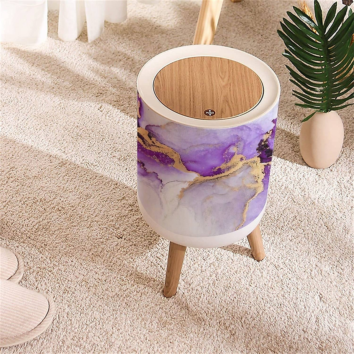 Small Trash Can with Lid Purple gold abstract of marble liquid ink art painting on paper Image Round Recycle Bin Press Top Dog Proof Wastebasket for Kitchen Bathroom Bedroom Office 7L/1.8 Gallon