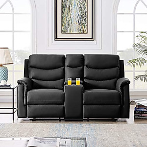 FANYE Faux Leather Upholstered Manual Motion Reclining Loveseat Sofa Couch with Cup Holders and 2 Recliner Chaises,PU Wall Hugger Sofa & Couch for Home Theater Apartment RV Living Room