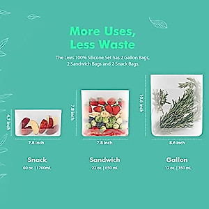 Lerine Silicone Bags for Food Storage, 100% Recyclable Silicone Food Storage Bags, | Meat Fruit Veggies | Freezer, Oven, Microwave, Dishwasher Safe, Leakproof