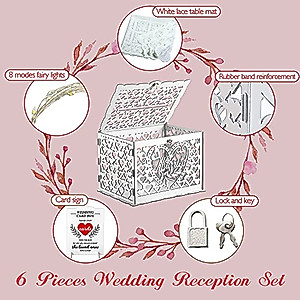 Wedding Card Box, Rustic Wooden Wedding Card Holder with 8 Modes String Light and Lace Table Mat, DIY Envelop Gift Money Card Container with Lock for Reception Decoration, Just Married (White)