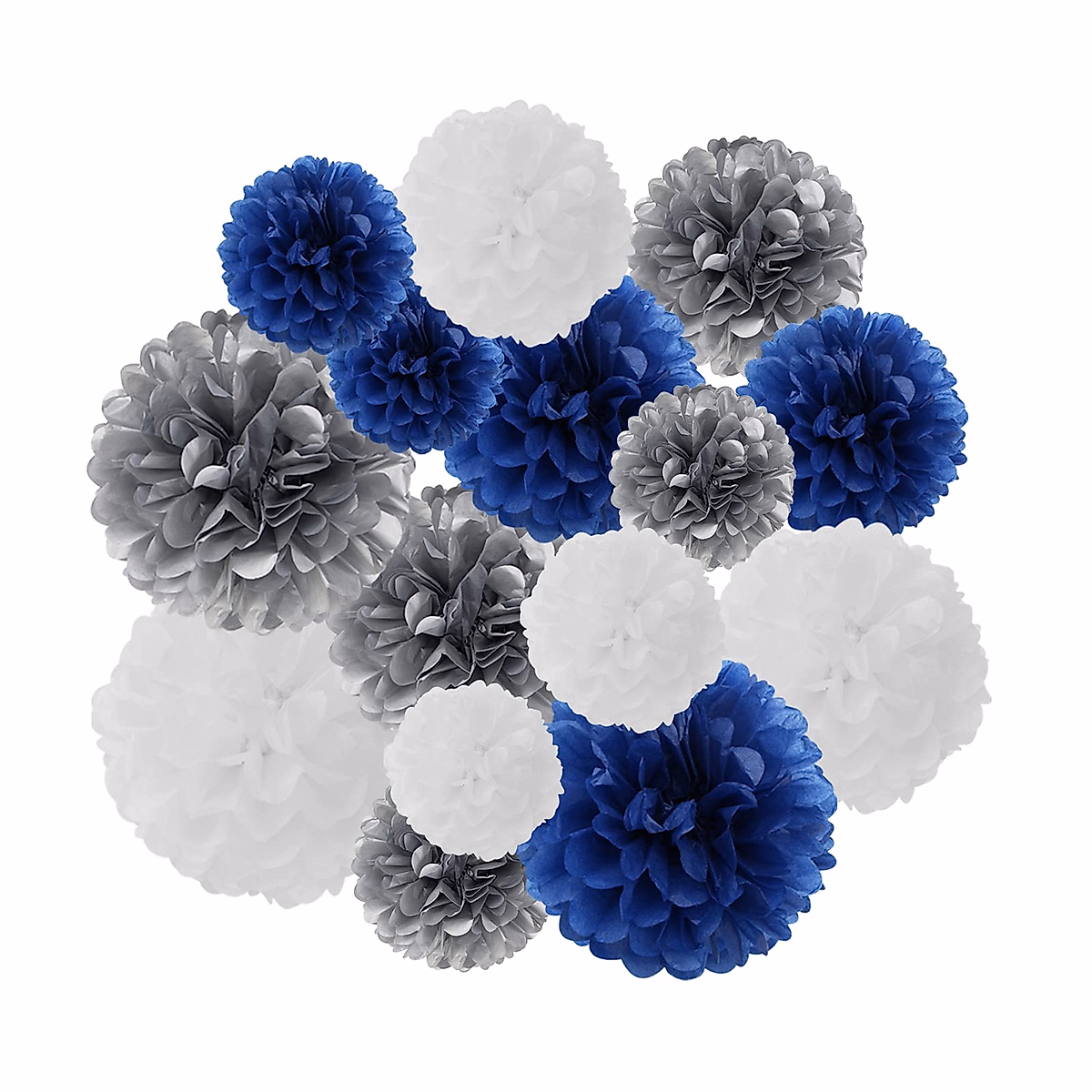 Tissue Paper Pom-Poms Party Decorations - 15pcs 5 Size Navy Blue White Silver Paper Flowers,Graduation Wedding Baby Bridal Shower Room Hanging Decorations Boy Birthday Party Backdrop Decor Panduola