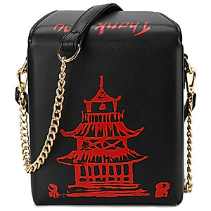 Ondeam Tower Print Crossbody Shoulder Bag,Pu Chinese Takeout Box Totes Purse for Women(Black)