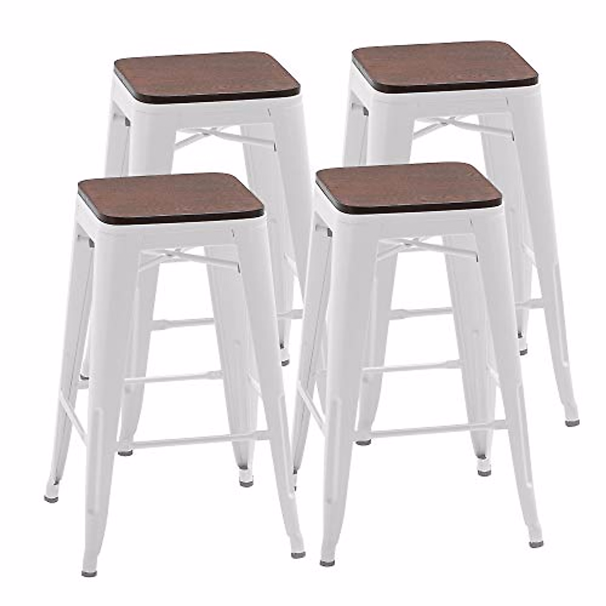 Alunaune 26" Metal Bar Stools Set of 4 Industrial Backless Counter Height Barstools Stackable Kitchen Patio Stool Wood Top-White