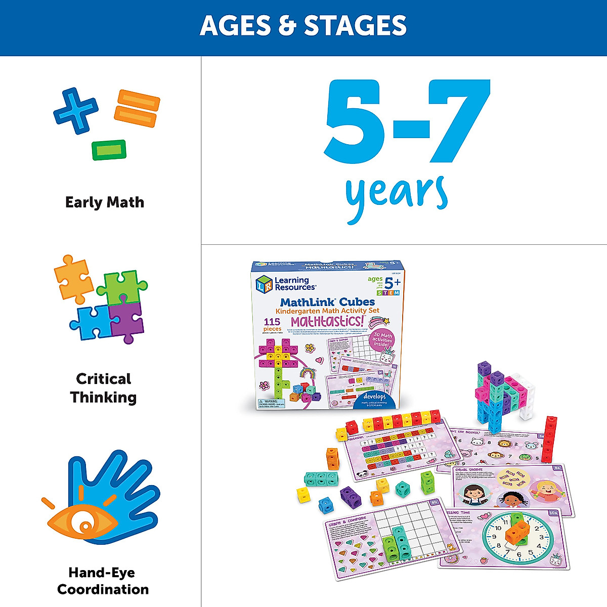 MathLink Cubes Kindergarten Math Activity Set Mathtastics!, Math Teaching Toys, PreKManipulatives, Children’s Math Games, 115 Pieces, Age 5+