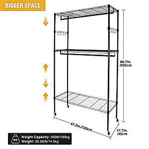 ALUPOM Heavy Duty Rolling Garment Rack, 3-Tier Metal Clothing Rack Closet Organizer with Loackable Wheels,2 Rods and 2 Pair Side hooks,Loading 400 lbs