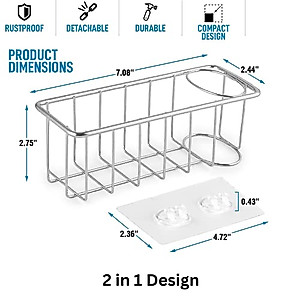 Adhesive Kitchen Sink Caddy, Sponge Holder Sink Organizer With Suction Tape Stainless Steel Rustproof Sponge Holder For Kitchen Sink Dish Scrub Holder Organizer Sponge Caddy Holder – Silver