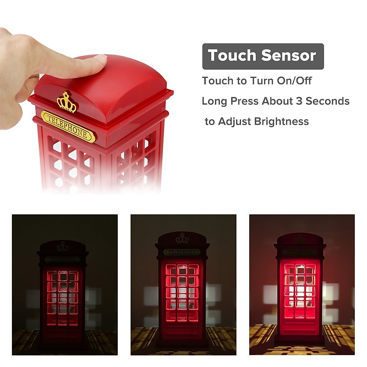 Anten Telephone Booth Vintage London Designed USB Charging LED Night Lamp Touch Sensor Table Desk Light Touch Panel Power-Saving Light Bedside Lamp