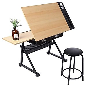 EESHHA Drawing Table Drafting Table with Storage, Height Adjustable Tiltable Art Desk, Maple Panel Drawing Desk, for Work Study Painting Craft Table