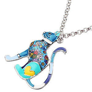 BONSNY Statement Enamel Alloy Chain Cat Necklaces Pendant Original Design For Women Jewelry Gift Charms (Blue)