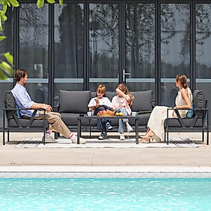 COMLAX FIELD Outdoor Patio Furniture Set, 4 Pieces Metal Patio Furniture Set with Coffee Table, Modern Outdoor Patio Conversation Seating Set, Grey