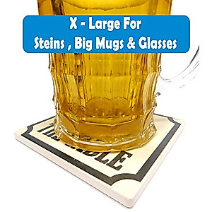 Absorbent Stone Drink Coasters - Funny Coasters for Drinks - Huge 4.25 Inch Square Ceramic Stone with Cork Backing Coaster