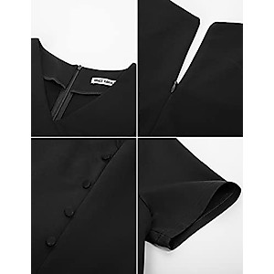 Women Pencil Dress Puff Short Sleeve Wrapped Slit V Neck Evening Night Sexy Dress Black L