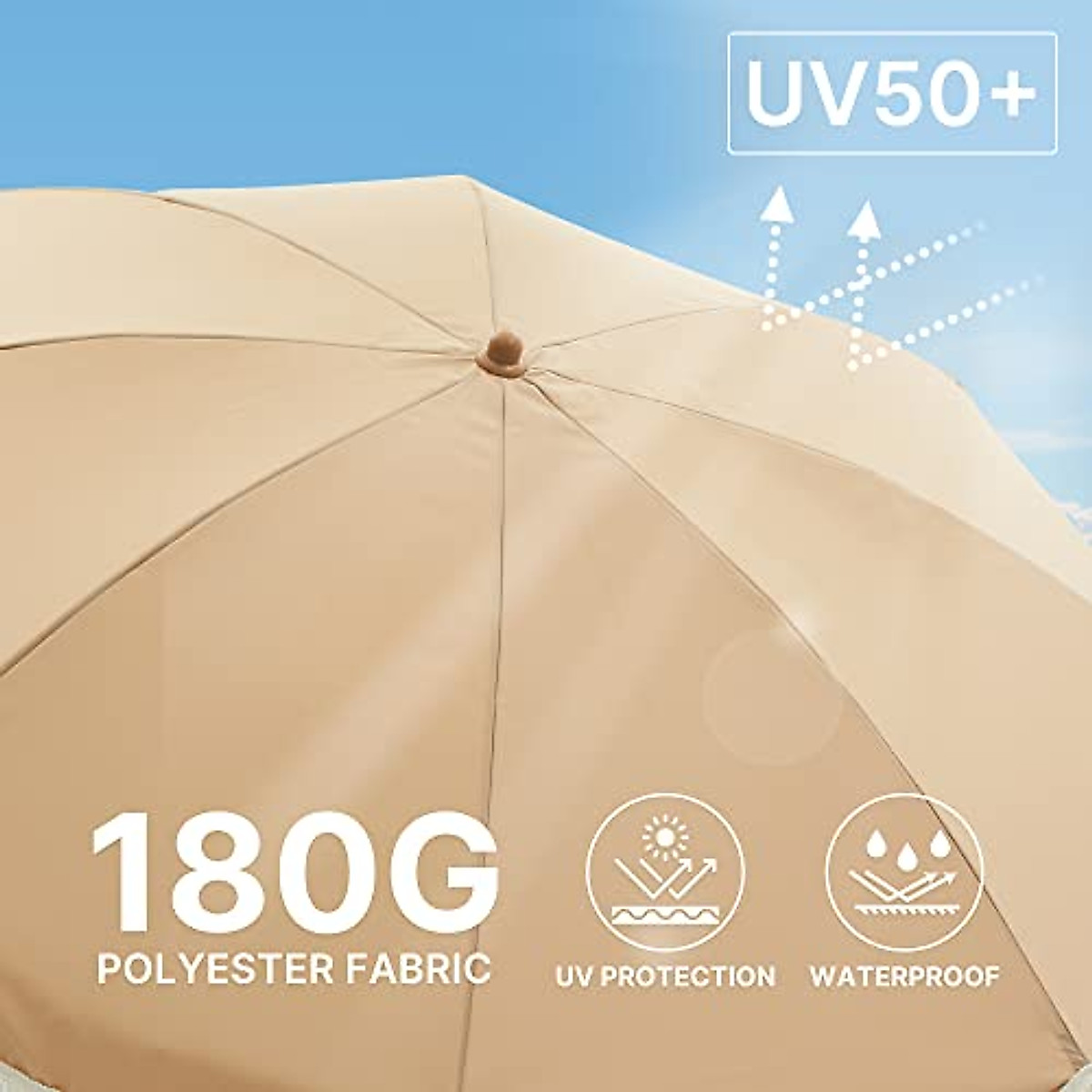 Kbrellaoutlets 7ft Patio Umbrella, UV 50+ Protection, Beach Umbrellas for Sand with Fringe, Wood Grain Aluminum Pole, 8 Ribs, Push Button Tilt, Garden Pool, Brown