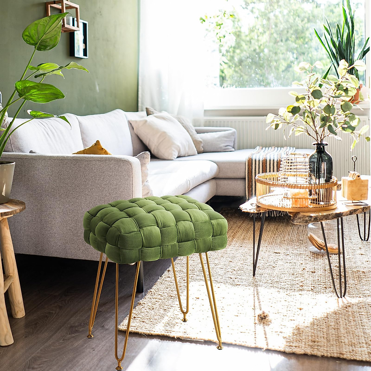 LUE BONA Velvet Vanity Stool, Rectangle Ottoman, Upholstered Make up Foot Stool with Gold Metal Legs and Padded Seat, Modern Footstool for Living Room, Bedroom,Dressing Room, Avocado Green