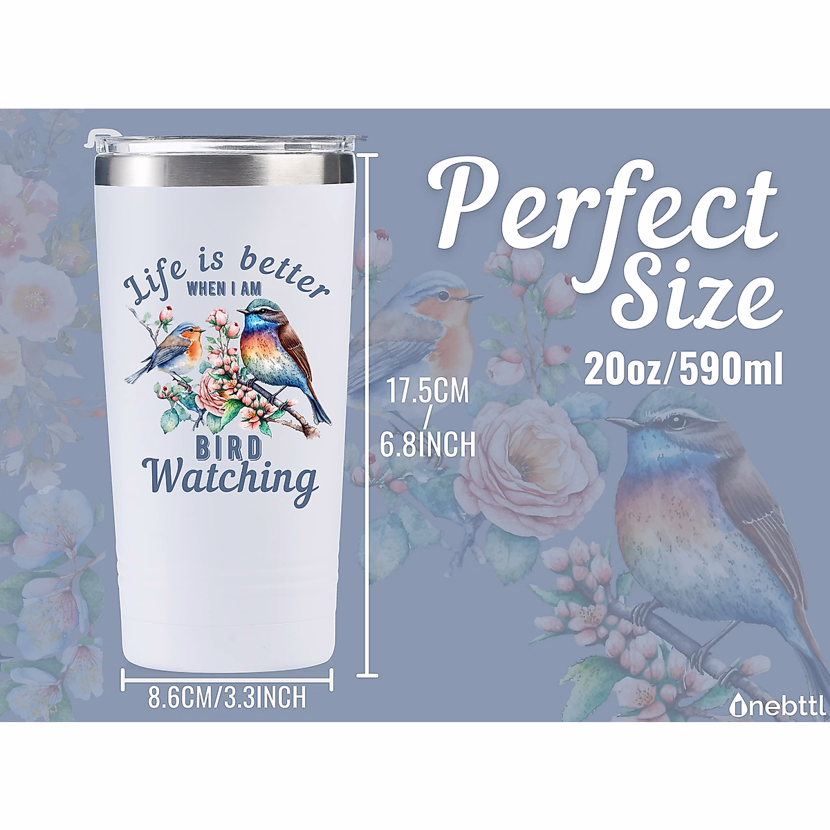 Onebttl Bird Watching Gifts, Bird Watching Tumbler for Bird Lovers & Bird Watchers, 20oz Stainless Steel Insulated Tumbler with Lid & Straw, Gift Card & Box Included, Best Gift for Birthday - White