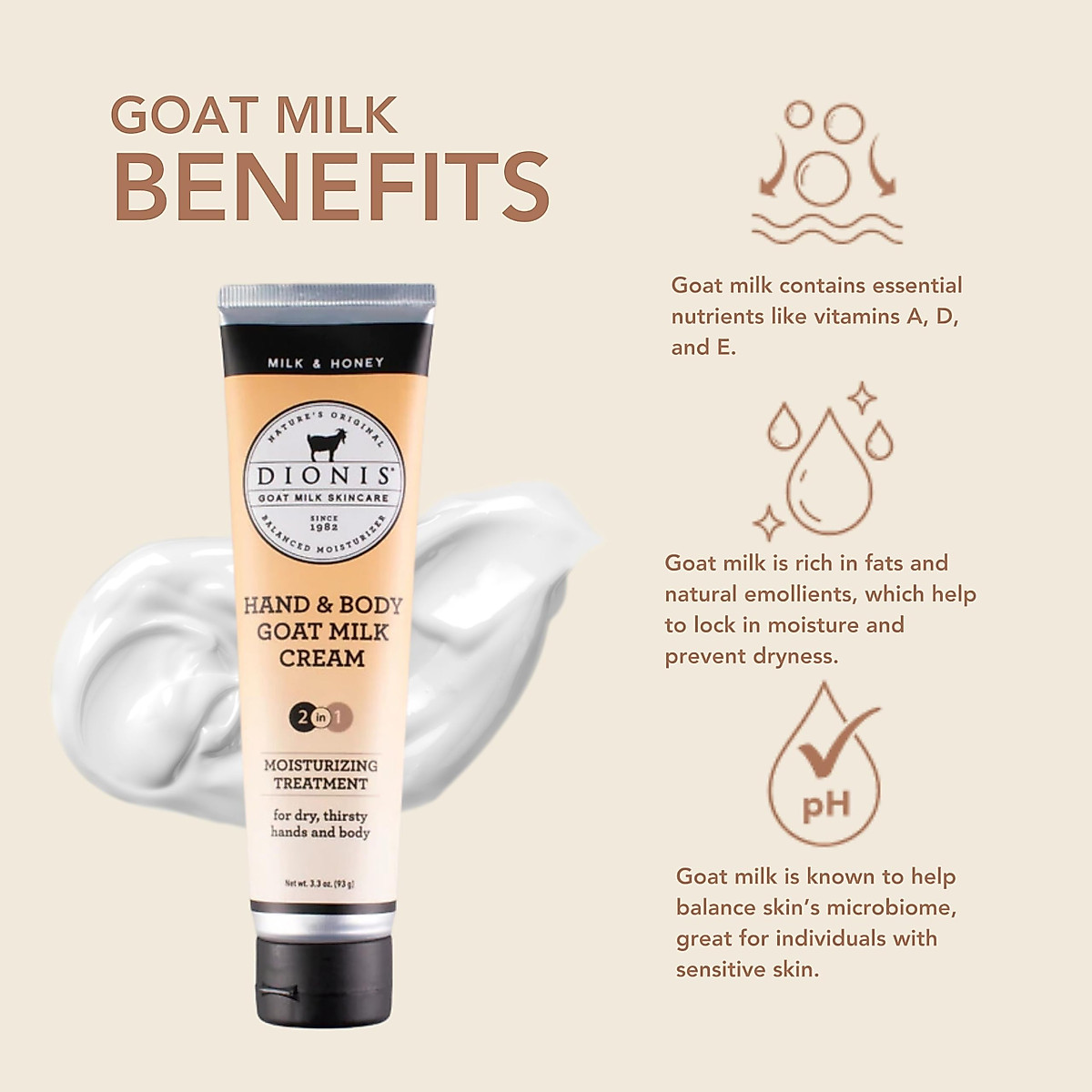 Dionis Goat Milk Skincare 3.3oz Milk & Honey Hand & Body Cream - Travel Size Hand Lotion For Hydrating & Moisturizing Dry Skin - Cruelty Free Cream Made In The USA - Paraben Free Formula