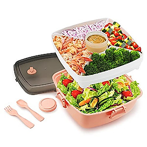 GREENRAIN Salad Lunch Container To Go - 40-oz Salad Bowl with 5-Compartments Bento Style Tray, BPA-Free Leak-Proof Lunch Box with Reusable Fork Spoon and Sauce Container for Food Snack (Pink)