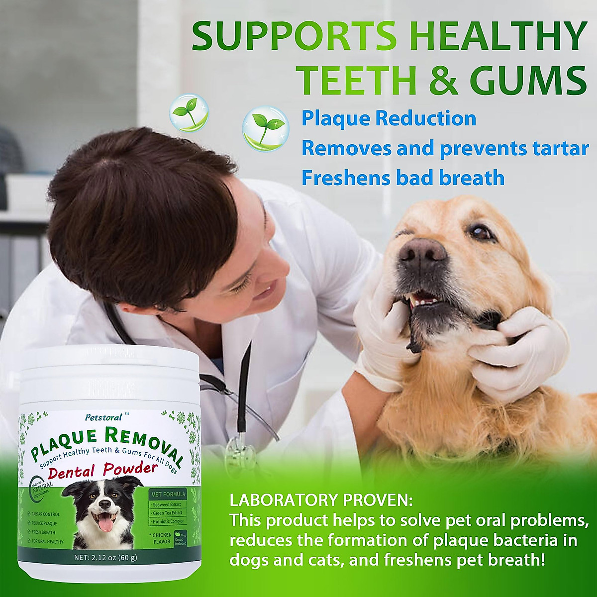 Petstoral Plaque Removal Natural Dental Powder - Dog Dental Care and Bad Breath Treatment, Dog Teeth Cleaning Powder for Healthy Teeth & Gums for All Dogs - 60g