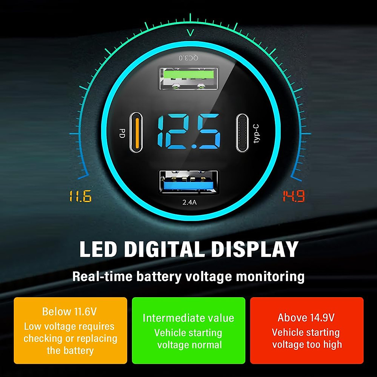 Car Charger,4-in-1 Super Fast Car Charger Adapter with Voltmeter & Blue LED,Universal PD+QC3.0+USB C Ports Car Cigarette Lighter USB Charger Compatible with iPhone Android (QC3.0+Type-C+PD+2.4A)