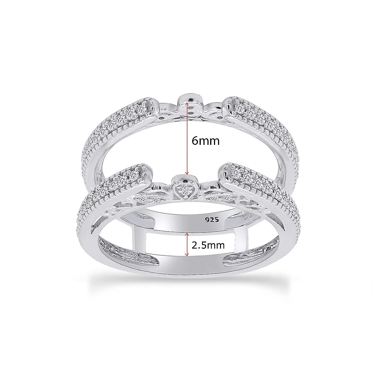 AFFY 0.33 Ct. Millgrained Cathedral Ring Enhancer Guard with Cubic Zirconia 1/3 Carat in 14K White Gold Over in Sterling Silver Ring Size-6