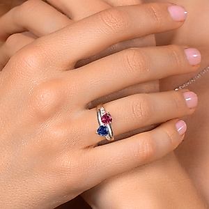 Gem Stone King 925 Sterling Silver Red Created Ruby Blue Created Sapphire and White Lab Grown Diamond Ring For Women (1.29 Cttw, Heart Shape 5MM, Available in size 5, 6, 7, 8, 9)